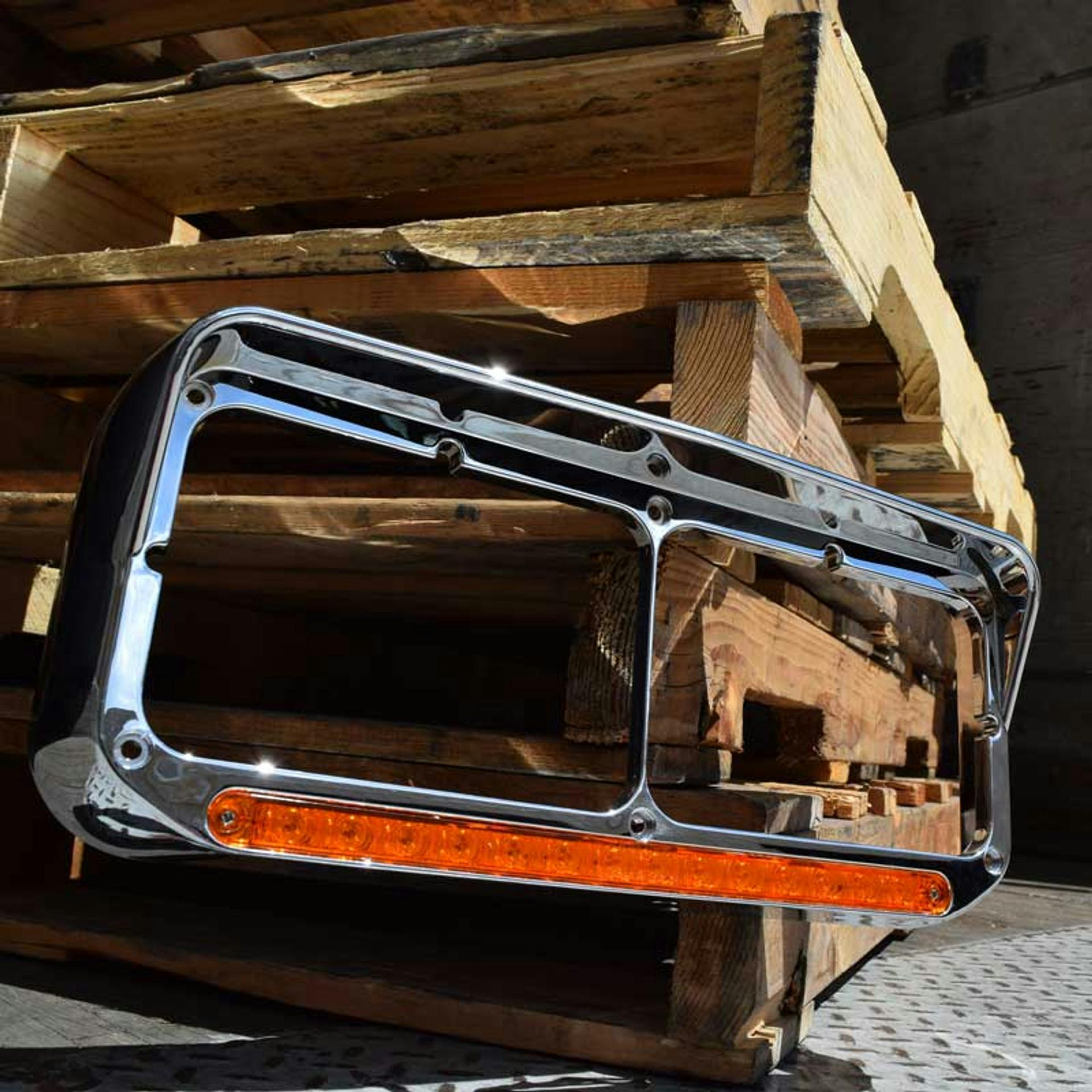 Rectangular Dual Headlight Bezel With Visor & Amber LED - Raney's Truck Parts