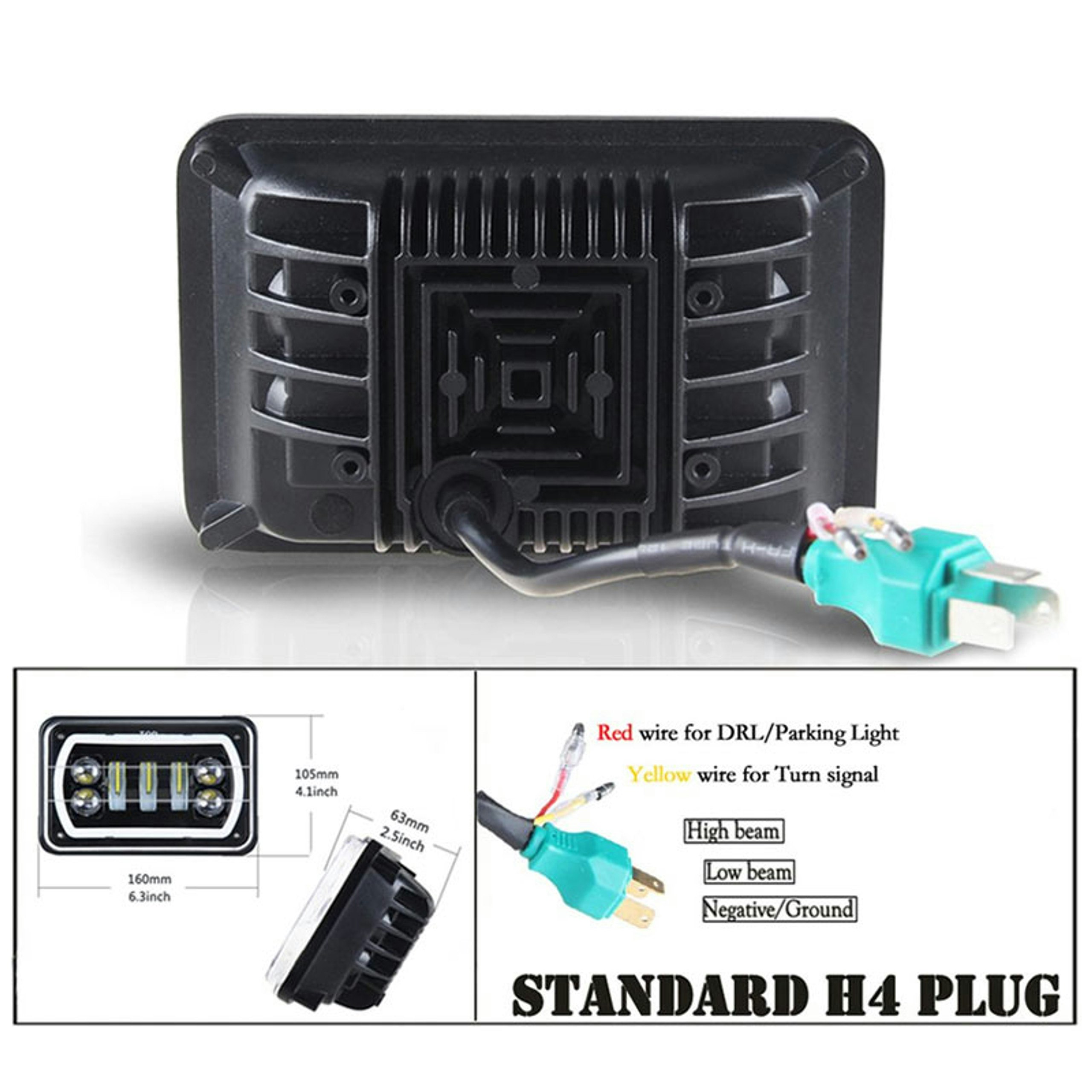 4" x 6" Full LED High & Low Beam Rectangular Headlight With Halo Ring ...